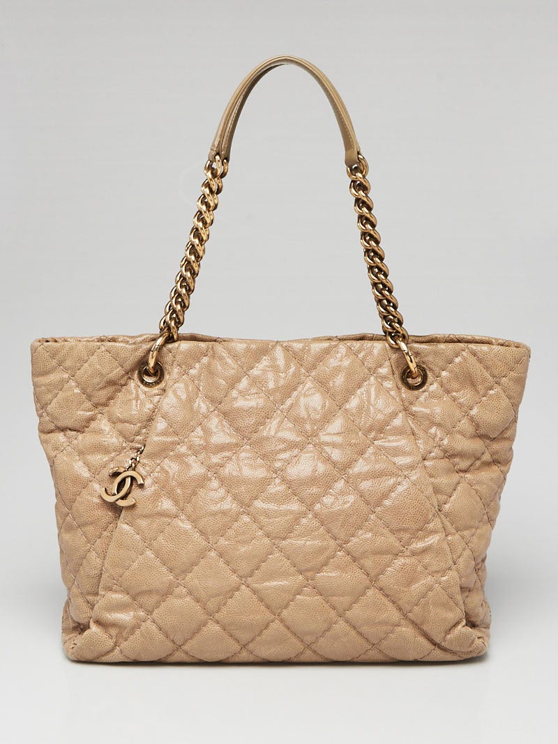 Chane Beige Quilted Caviar Leather Coco Pleats Chain Shopping Tote Bag ...