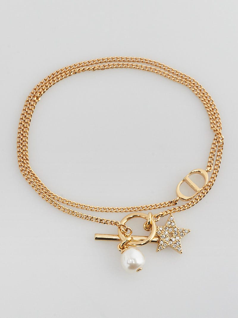 Christian Dior Goldtone Metal Double Wrap Crystal Star Faux Pearl Bracelet Yoogi s Closet