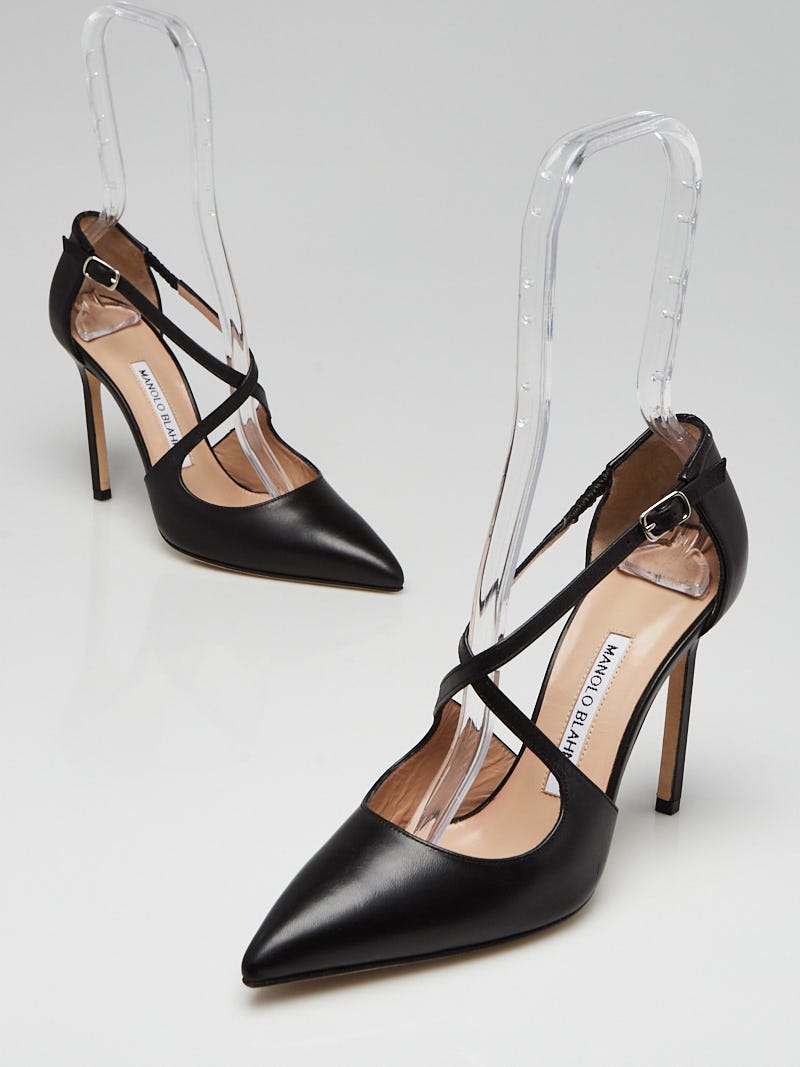 Manolo Blahnik Black Leather Umice 105 Crisscross Pumps Size 5.5/36 | Yoogi's Closet