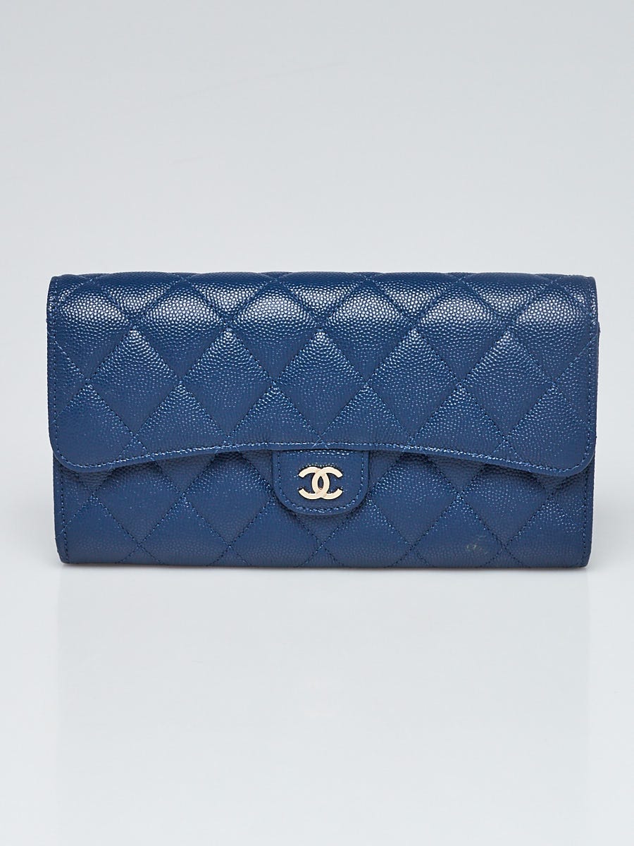 Chanel Navy Blue Quilted Caviar Leather L-Gusset Flap Wallet | Yoogi's ...