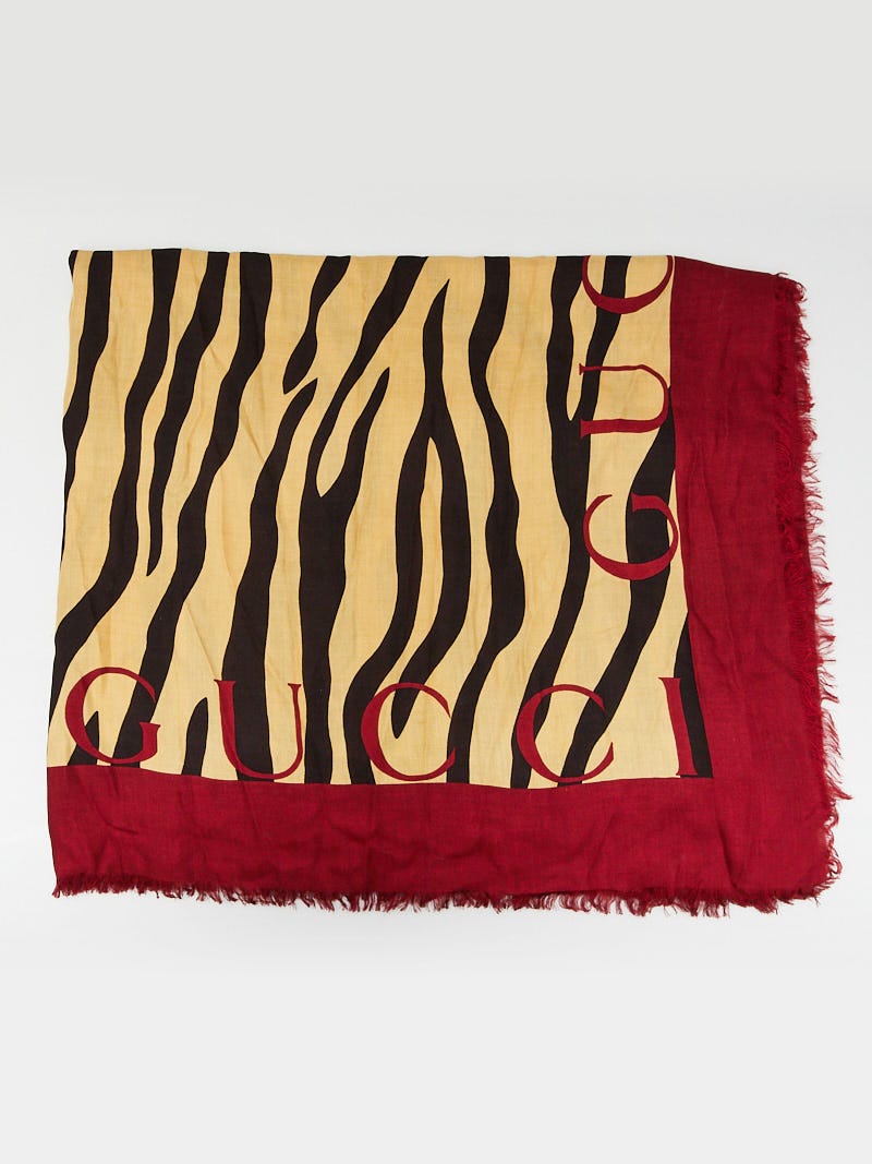 Gucci Red/Beige/Black Modal/Silk Blend Feline Stripe Scarf | Yoogi's Closet