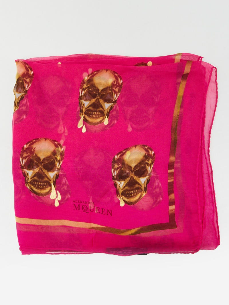 Alexander McQueen Pink/Gold Silk Chiffon Sheer Crying Skull Scarf ...