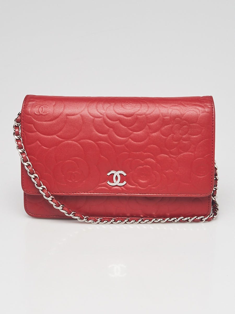 Chanel Red Lambskin Leather Camellia Embossed WOC Clutch Bag | Yoogi's ...