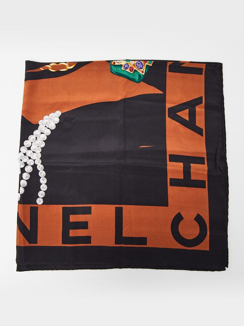Chanel Brown/Black Silk Graphic Print Logo Square Scarf | Yoogi's Closet