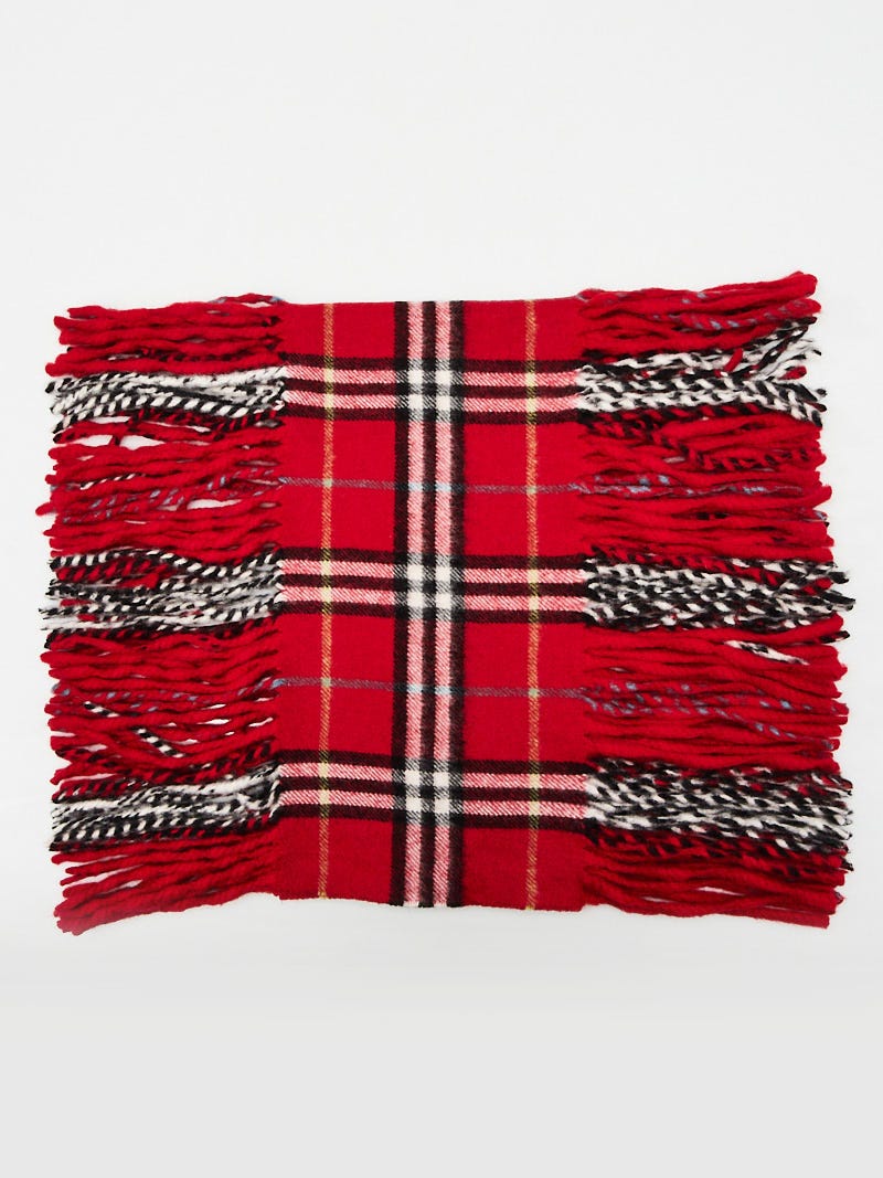 Burberry Red Plaid Check Cashmere Fringe Scarf | Yoogi's Closet