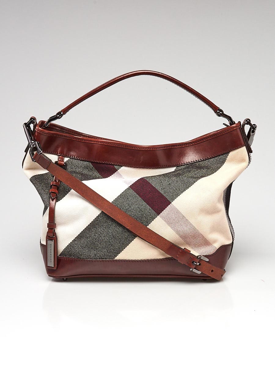 Burberry Black/White Mega Nova Check Canvas and Brown Leather Hobo Satchel Bag | Yoogi's Closet
