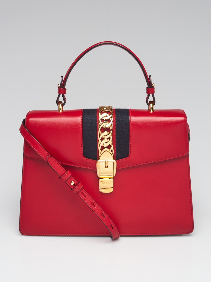 Gucci Red Leather Calfskin Leather Vintage Web Medium Sylvie Shoulder ...