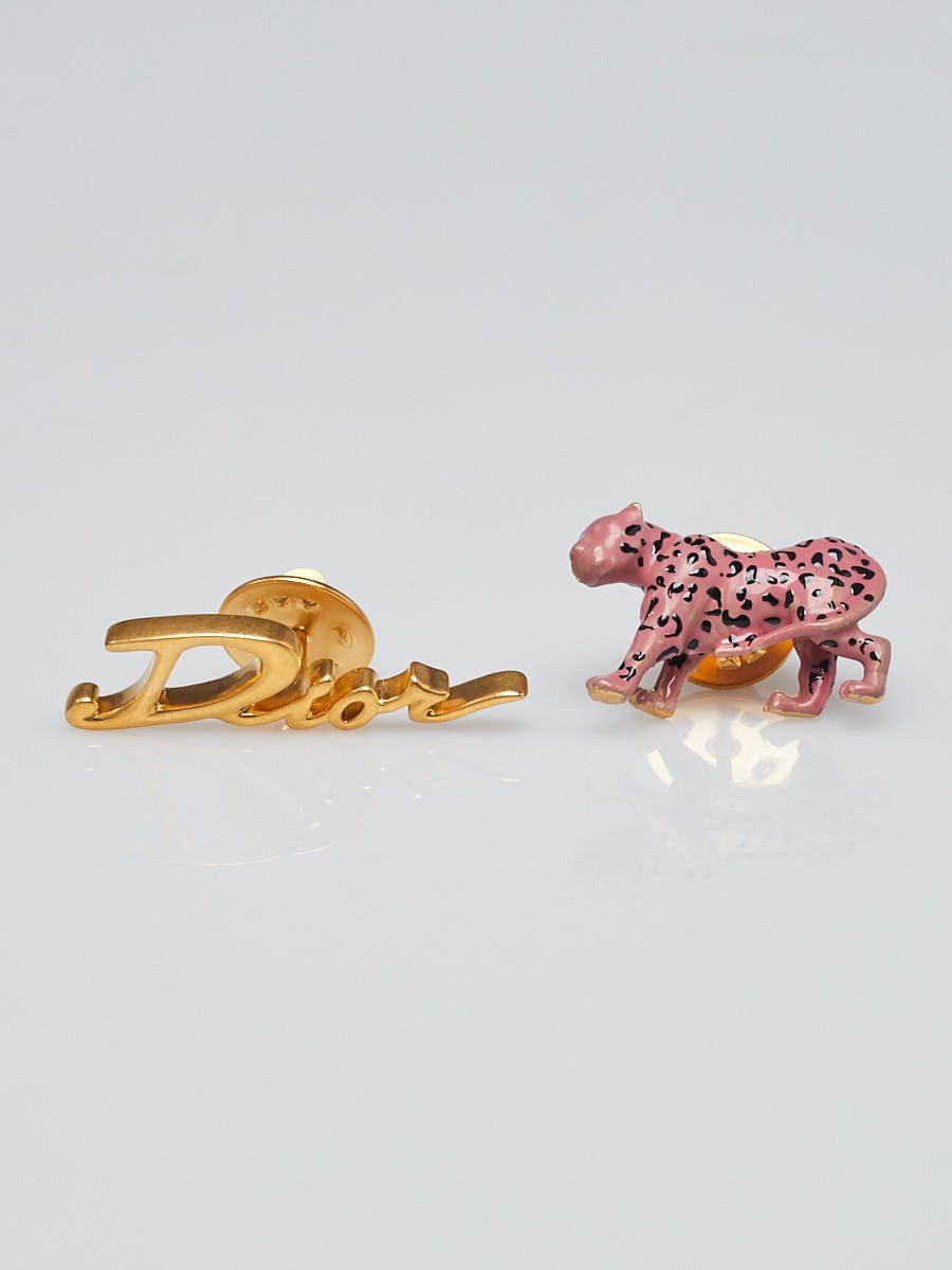 Christian Dior Goldtone Metal Logo/Pink Leopard Pin Set | Yoogi's Closet