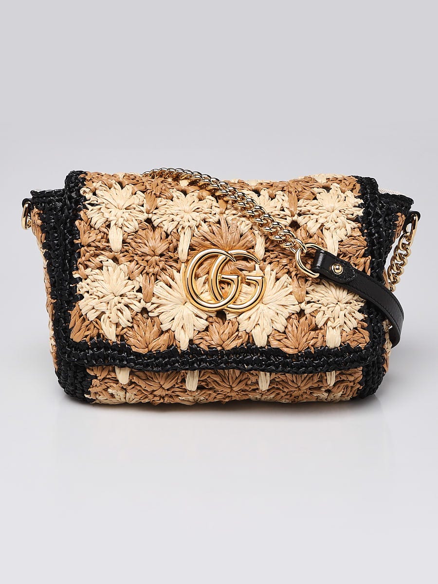 Gucci Brown/Black Woven Floral Raffia GG Marmont Small Shoulder Bag ...