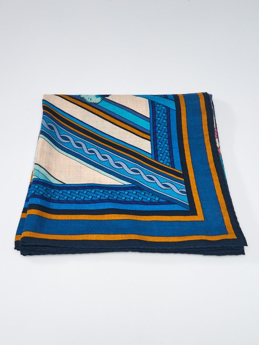Hermes 140cm Blue/Multicolor Cashmere Duo d'Etriers Francoise de la ...