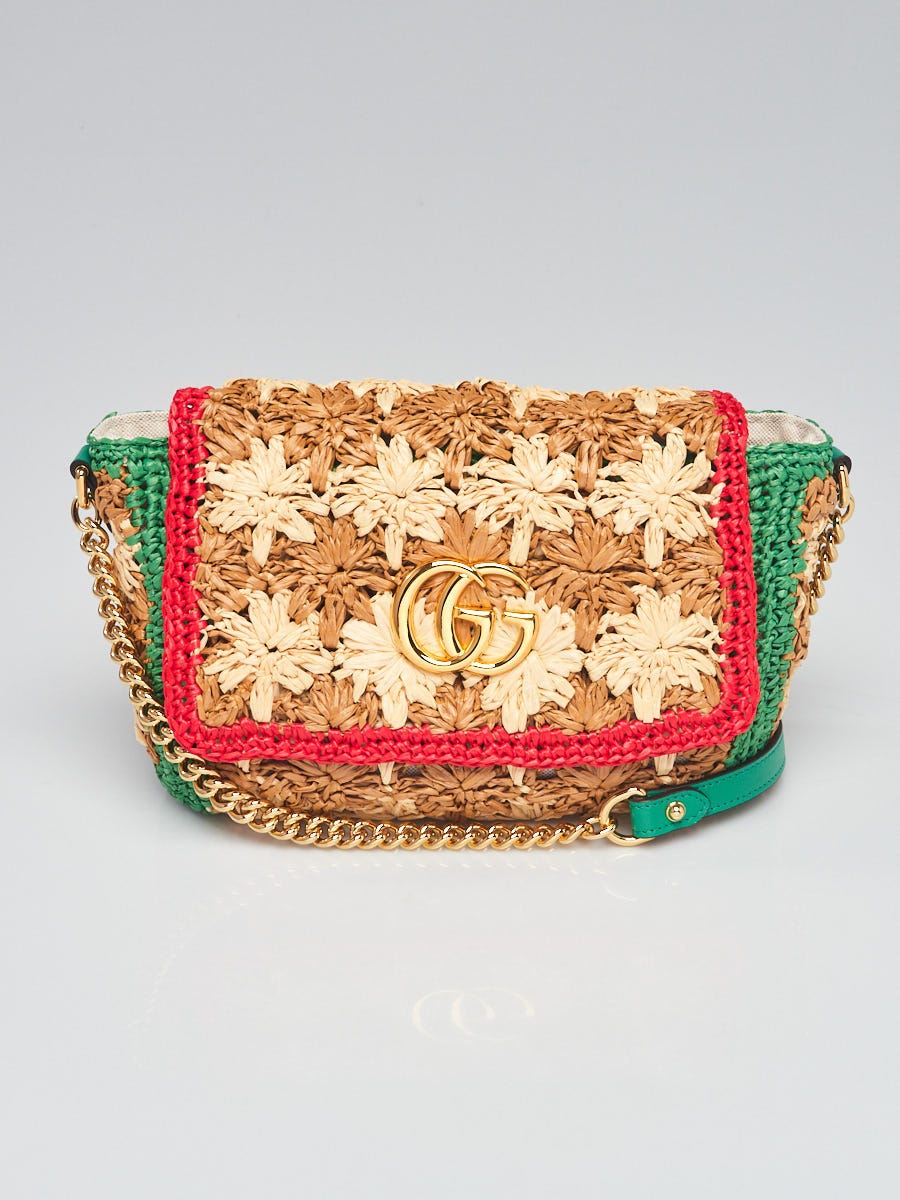 Gucci Brown/Red/Green Raffia GG Marmont Small Shoulder Bag | Yoogi's Closet