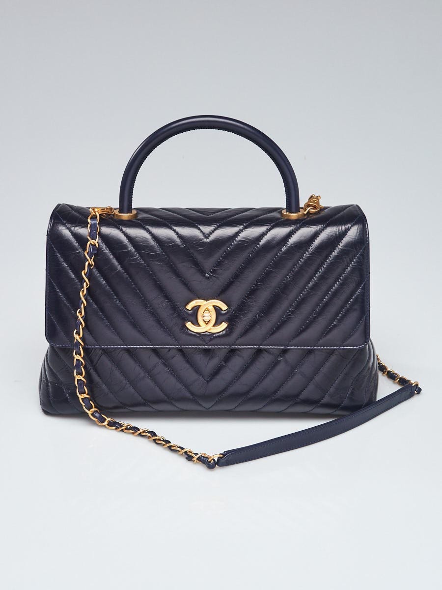 Chanel Navy Blue Chevron Quilted Leather Medium Coco Handle Bag | Yoogi ...