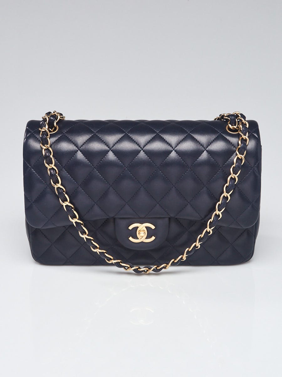 Chanel Navy Blue Quilted Lambskin Leather Classic Jumbo Double Flap Bag ...
