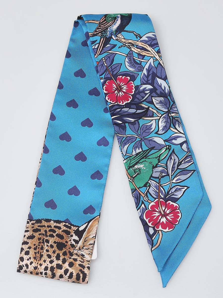 Hermes OC/Bleu Gitane/Gris Printed Silk Jungle Love Twilly | Yoogi's Closet