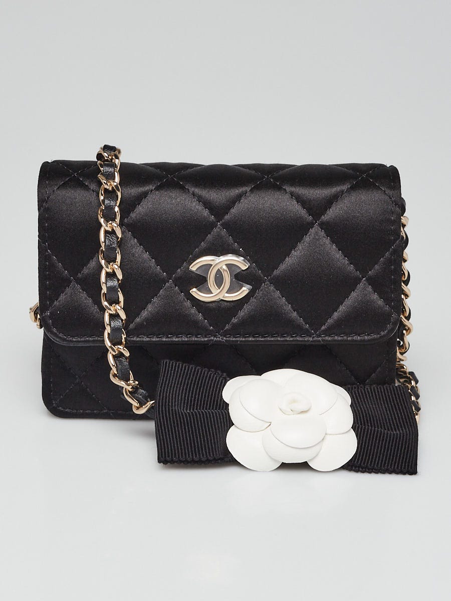 Chanel Black Quilted Satin Camellia Bow Mini VIP Bag | Yoogi's Closet