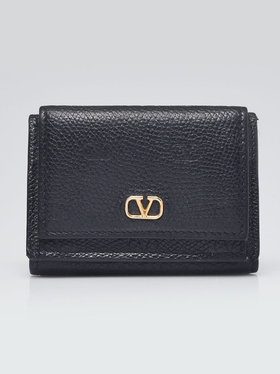 Valentino Black Pebbled Leather Embossed VLogo Compact Tri-Fold Wallet ...