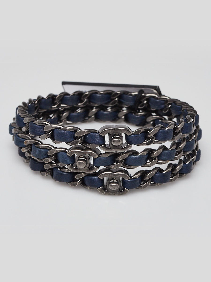 Chanel Blue Leather Ruthenium Chain Bangle Bracelets | Yoogi's Closet