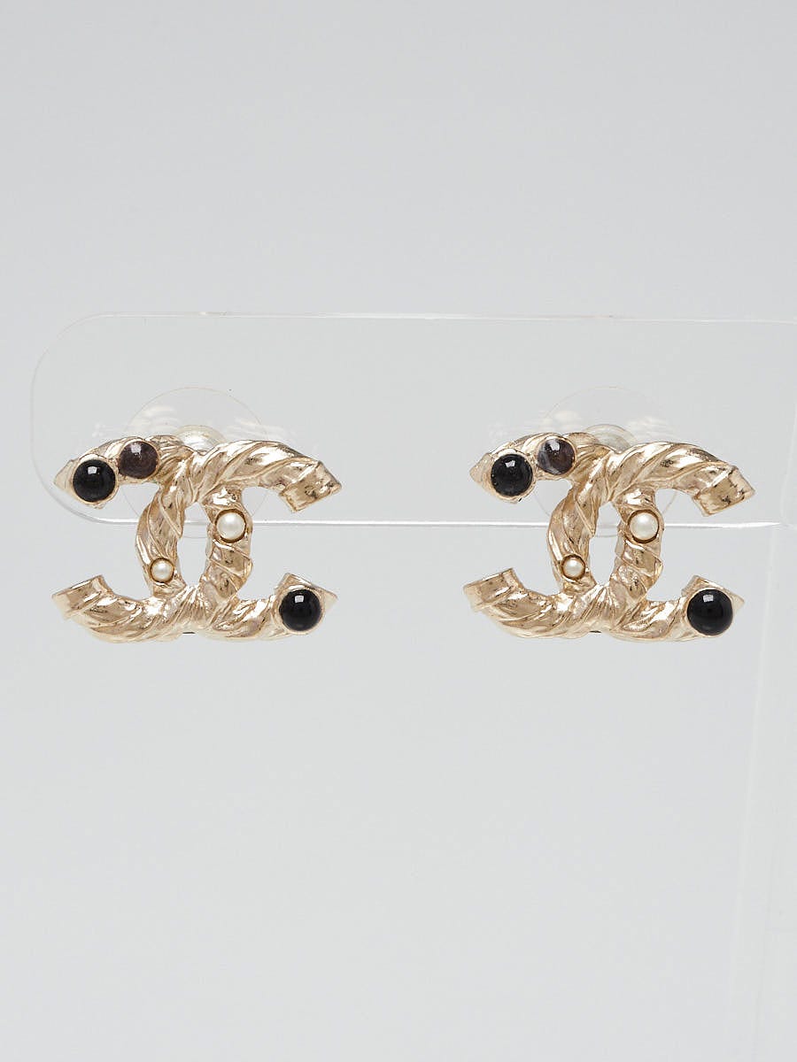 Chanel Gold Metal Beaded Faux Pearl CC Stud Earrings | Yoogi's Closet