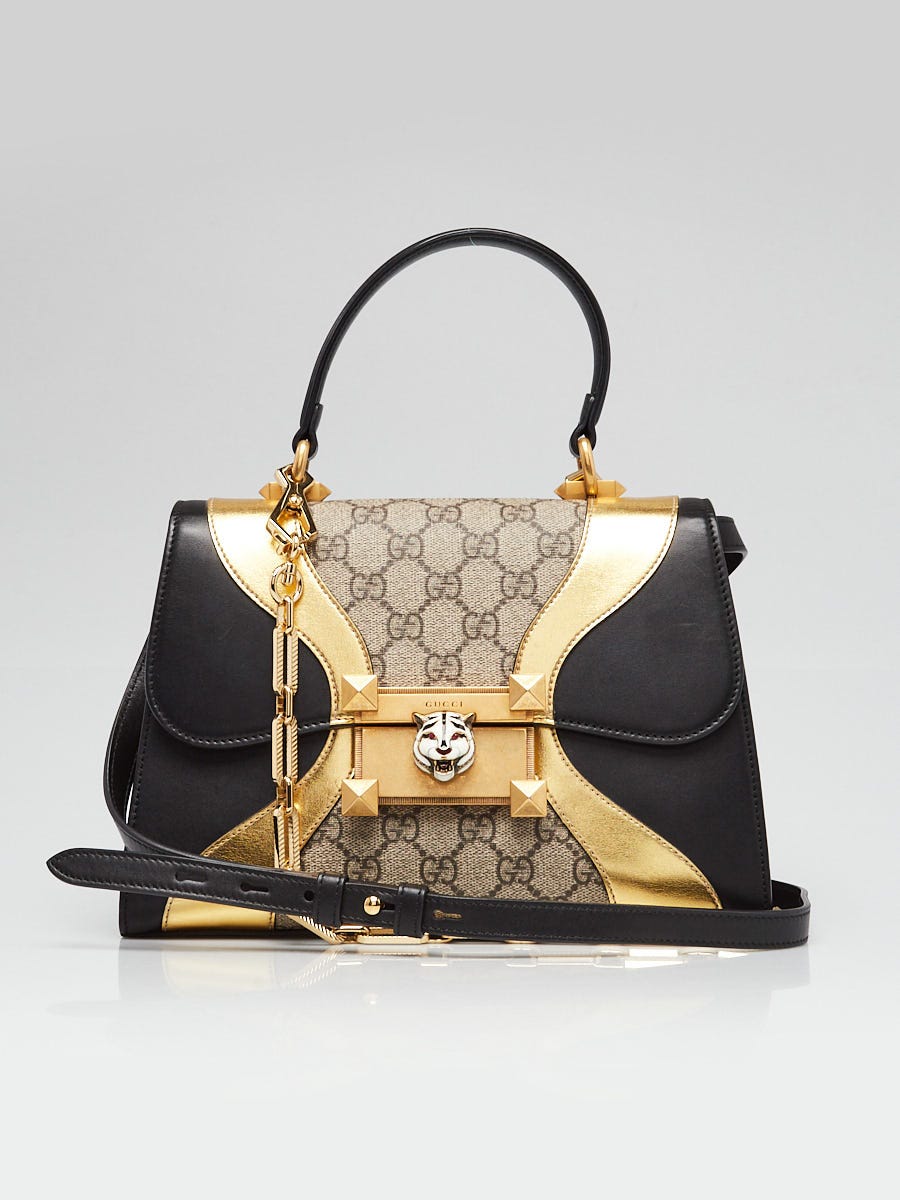 Gucci Beige/Black/Gold GG Coated Canvas/Leather Top Handle Small ...