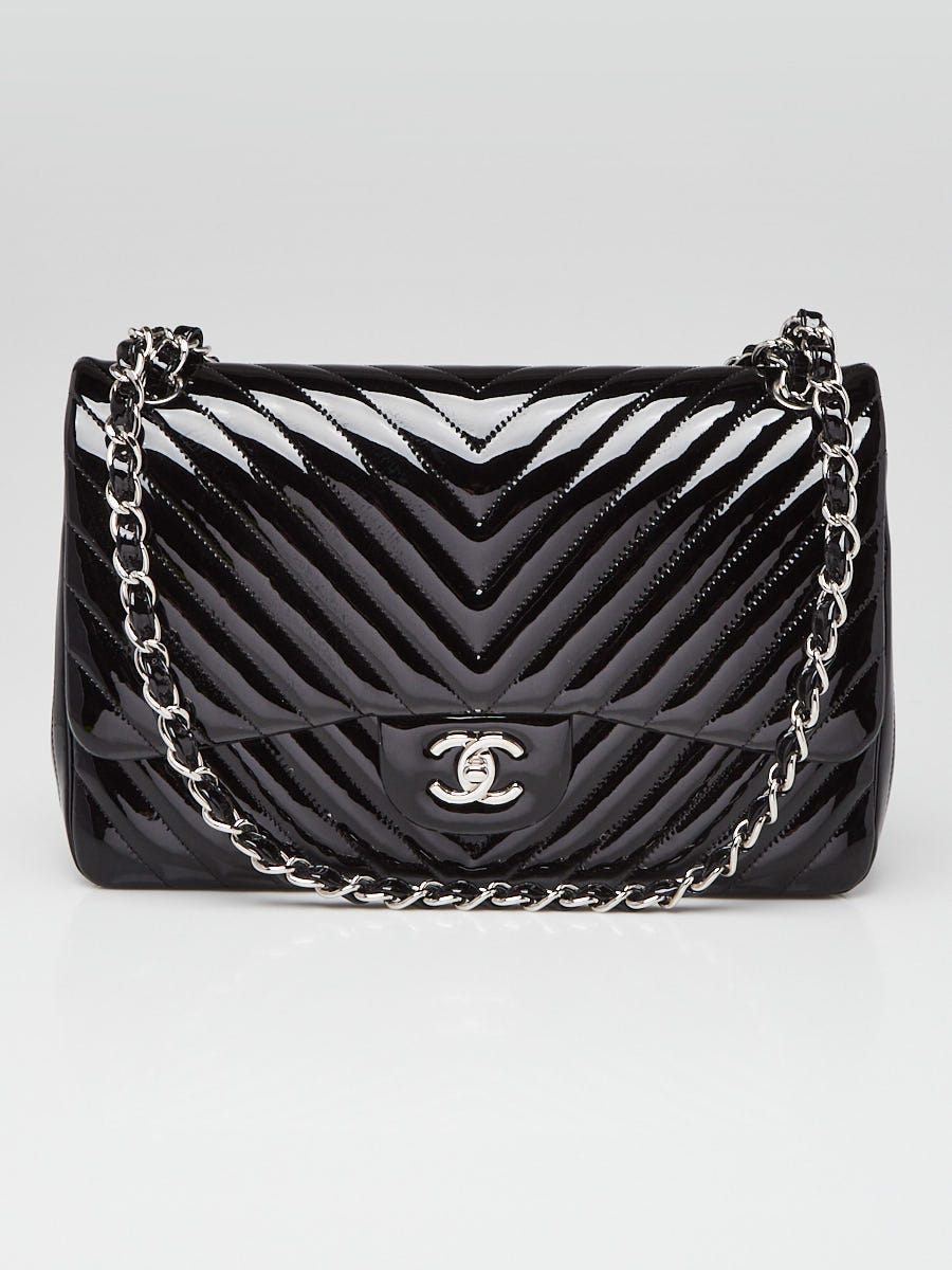 Chanel Black Chevron Quilted Patent Leather Classic Jumbo Double Flap ...