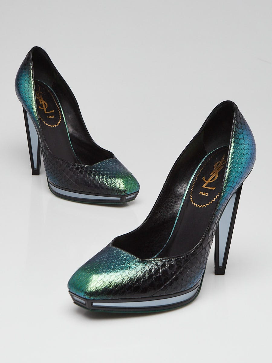 Yves Saint Laurent Forest Green Watersnake Vanda Mirrored Pumps Size 7. ...