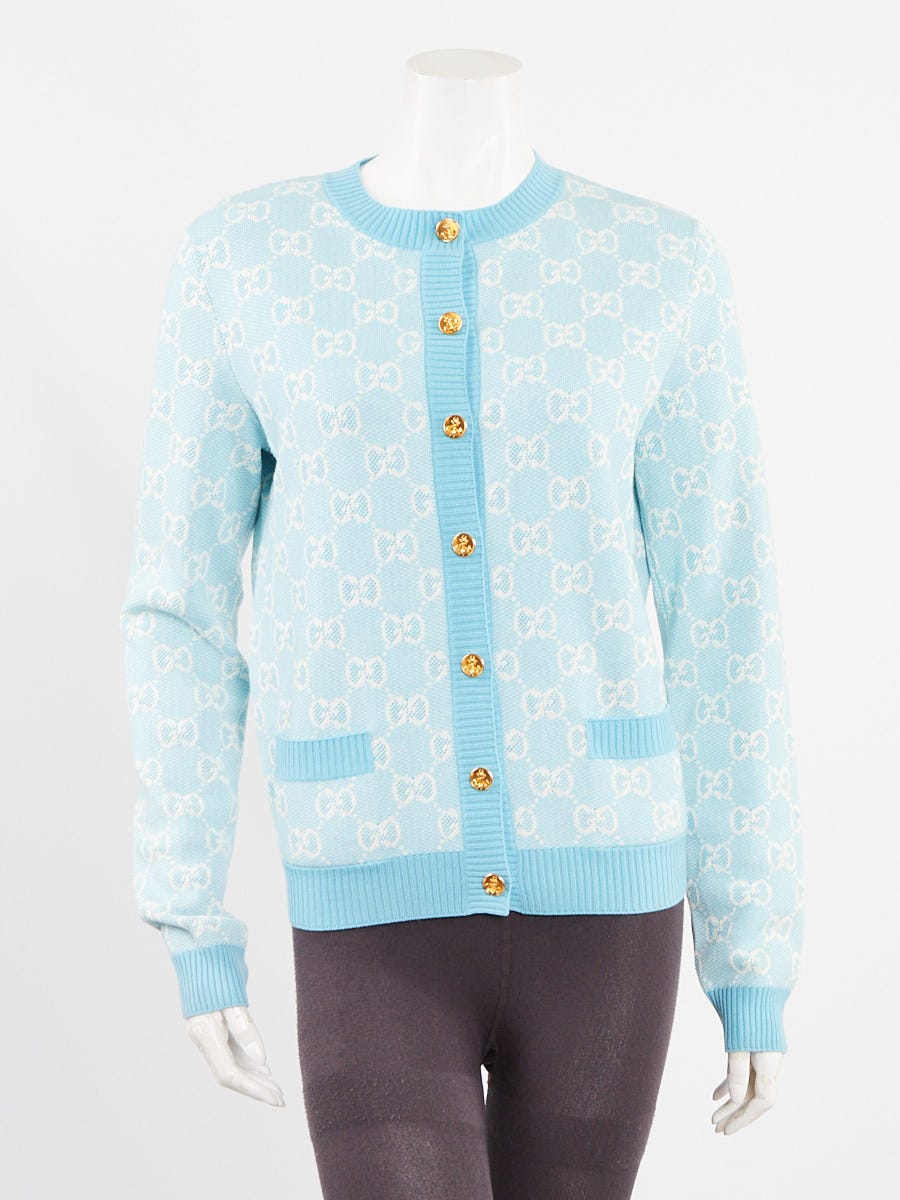 Gucci Blue/White Woo/Cotton GG Cardigan Sweater Size L | Yoogi's Closet