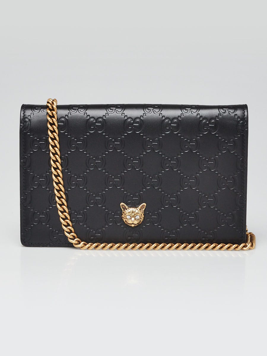 Gucci Black Guccissima Leather Crystal Cat Wallet On Chain Bag | Yoogi ...
