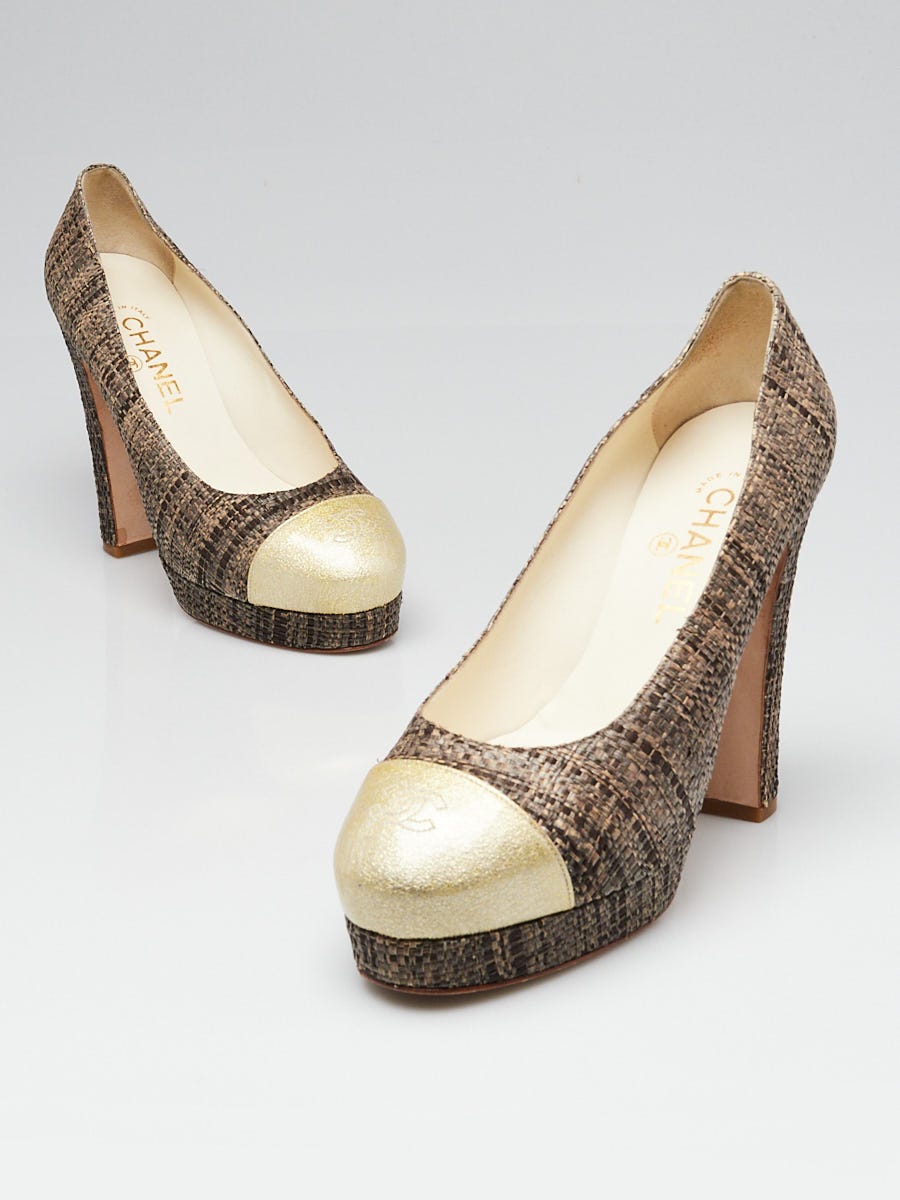 Chanel Brown/Grey Raffia and Patent Leather Cap Toe Platform Pumps Size ...