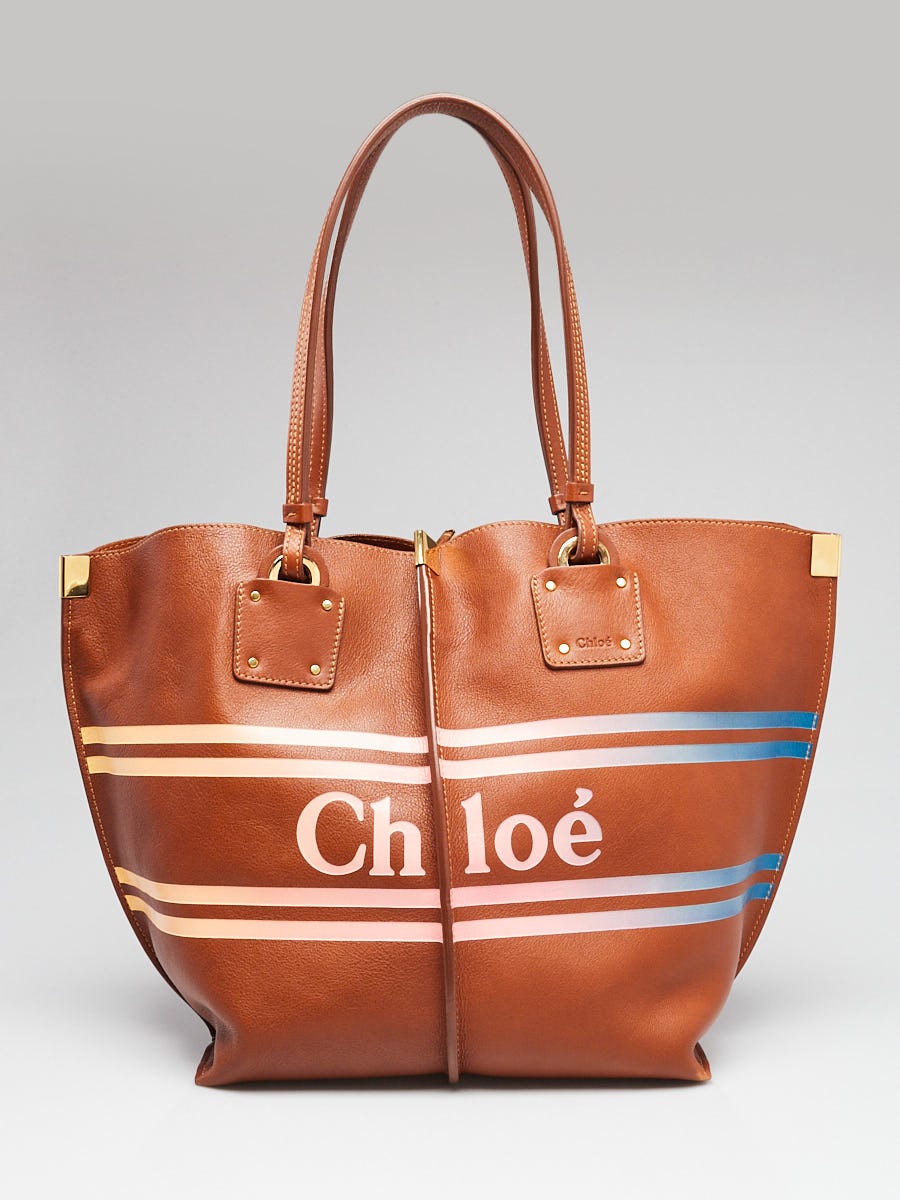 Chloe Brown Pebbled Leather Logo and Stripes Medium Vick Tote Bag ...