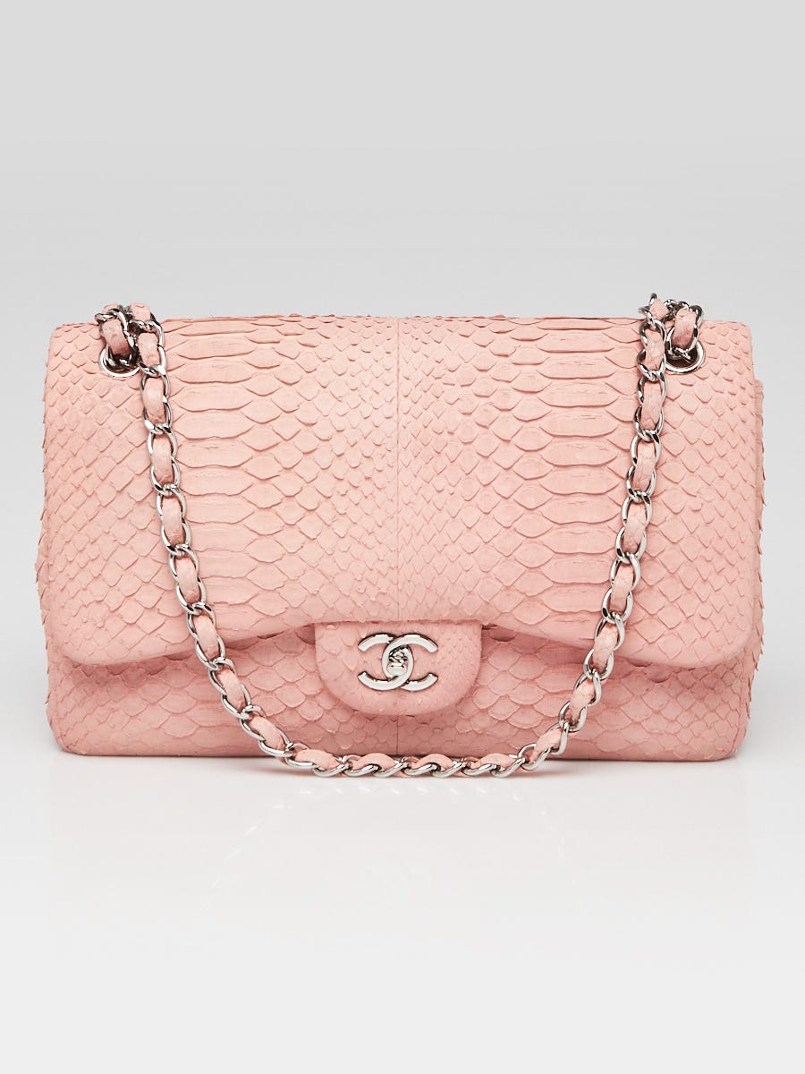 Chanel Pink Matte Python Classic Jumbo Double Flap Bag | Yoogi's Closet