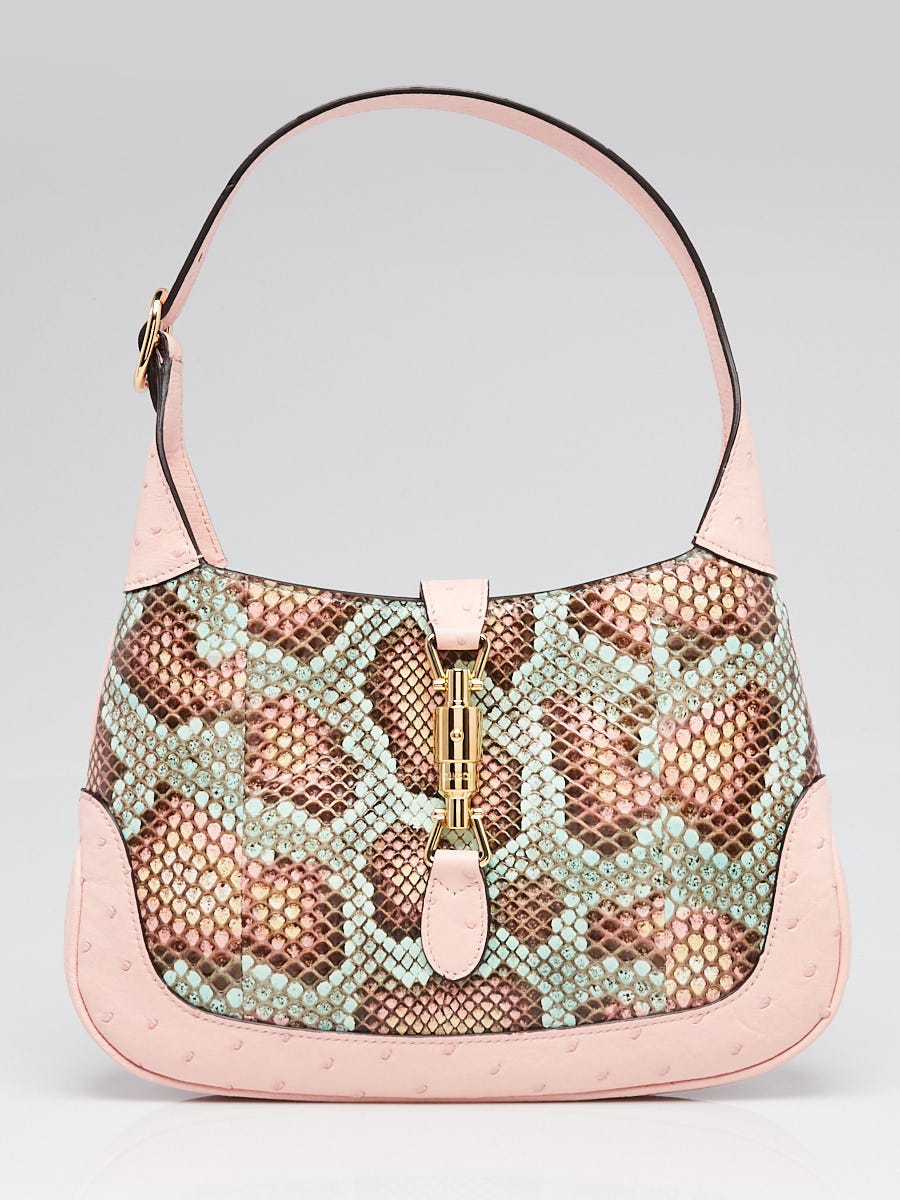 Gucci Pink Multicolor Ostrich Snakeskin Jackie 1961 Small Shoulder Bag