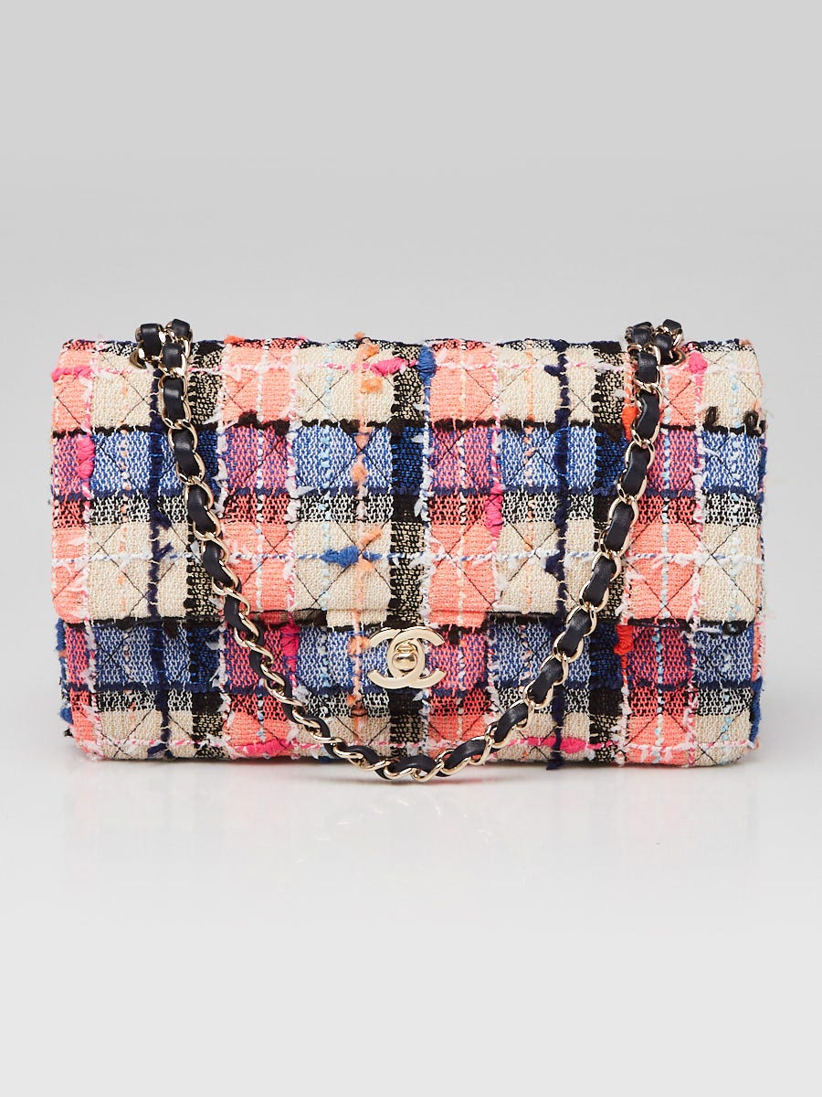 Chanel Pink/Blue Multicolor Quilted Tweed Classic Medium Double Flap ...