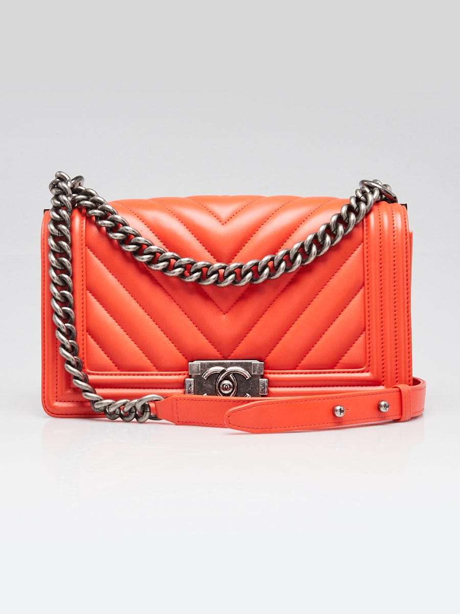 Chanel Orange Chevron Quilted Lambskin Leather Medium Boy Bag | Yoogi's ...