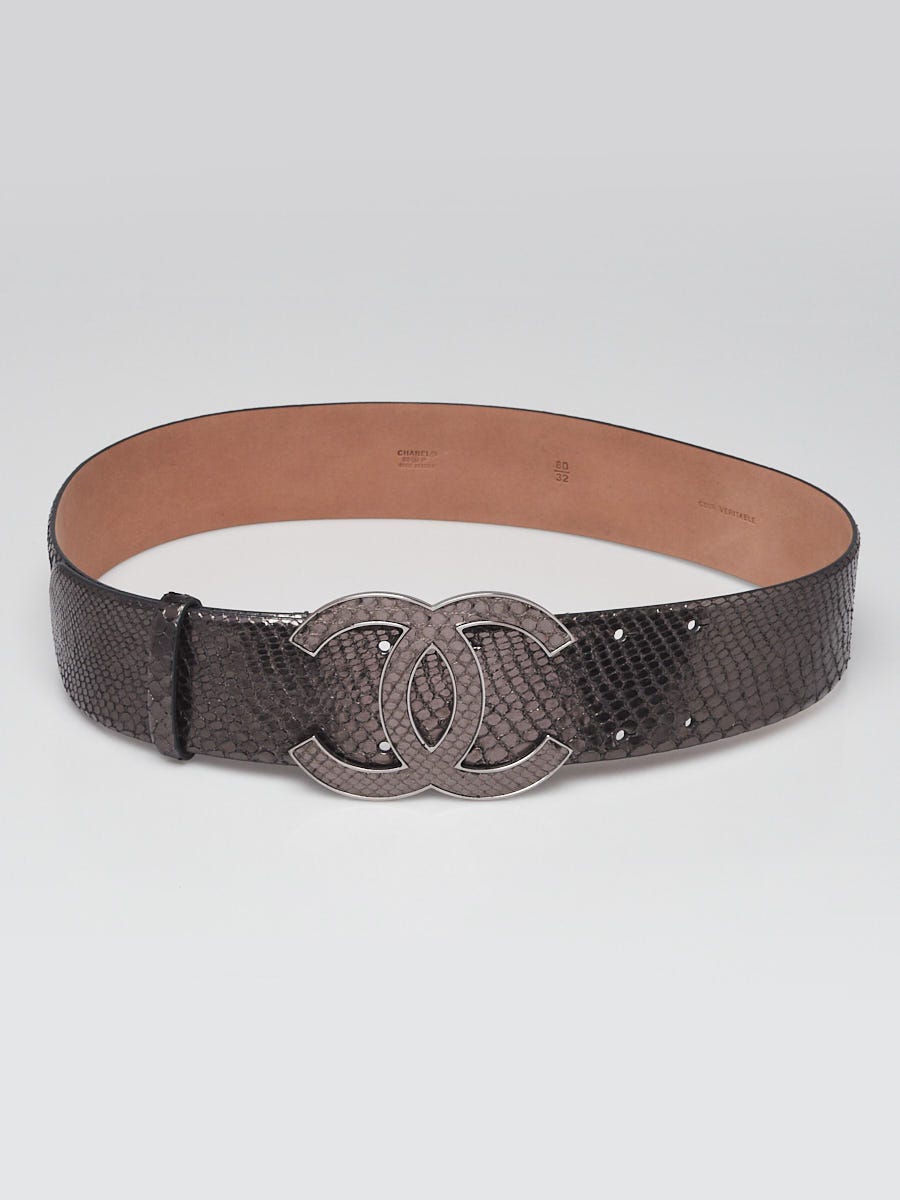 Chanel Dark Grey Metallic Python CC Wide Belt Size 80/32 | Yoogi's Closet
