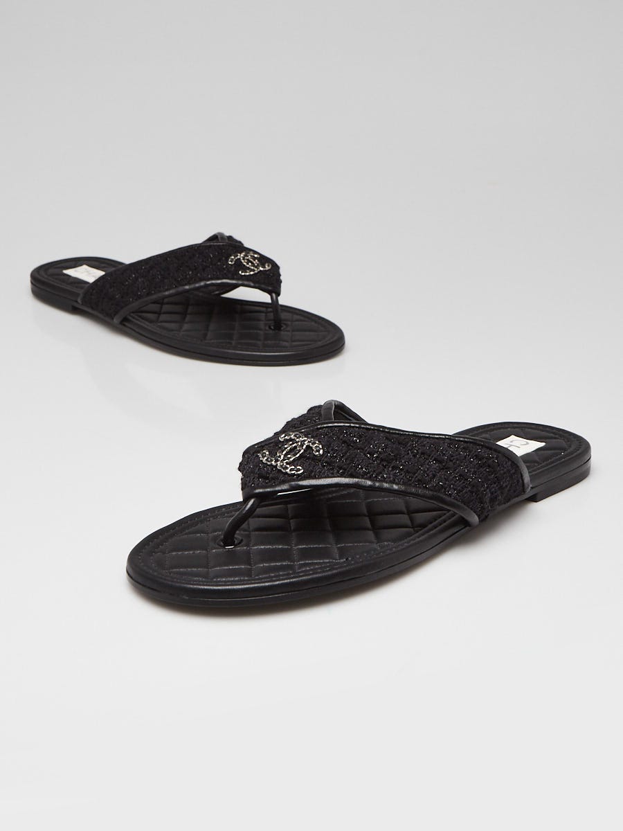 Chanel Black Tweed/Leather CC Thong Sandals Size 9/39.5 | Yoogi's Closet