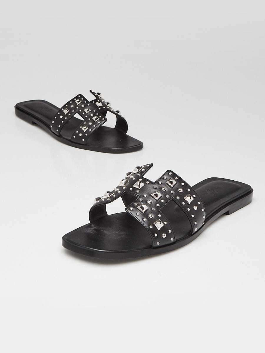 Hermes Black Box Leather Studded Oran Sandals Size 9/39.5 | Yoogi's Closet