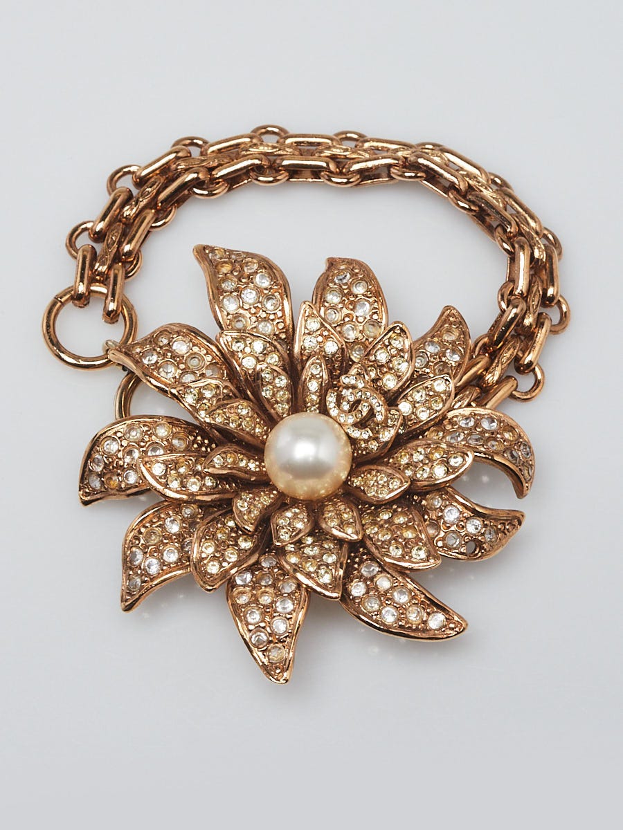 Chanel Gold Metal Crystal and Faux Pearl Flower Bracelet | Yoogi's Closet
