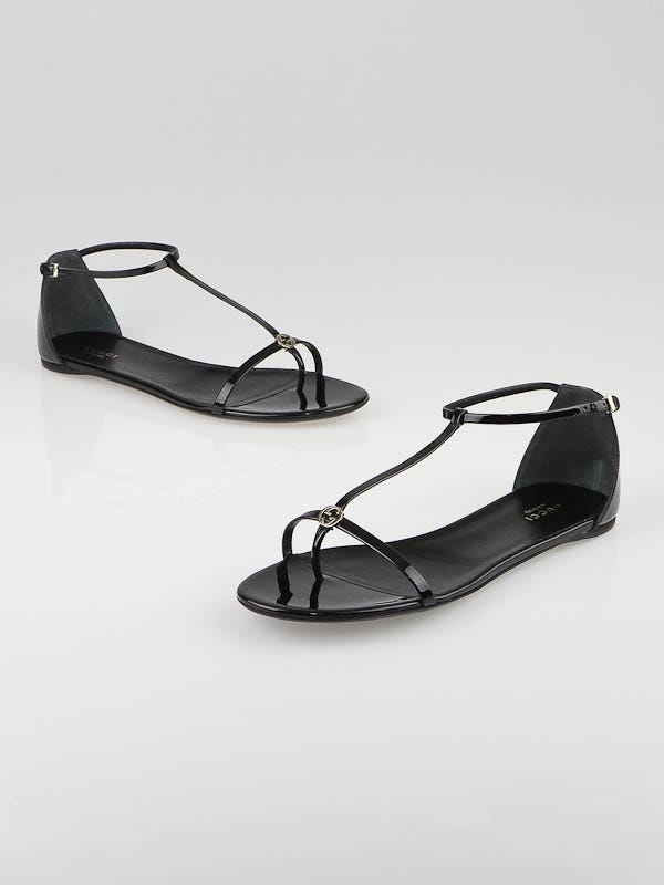 Gucci Black Patent Leather Interlocking G T Strap Flat Sandals Size 9