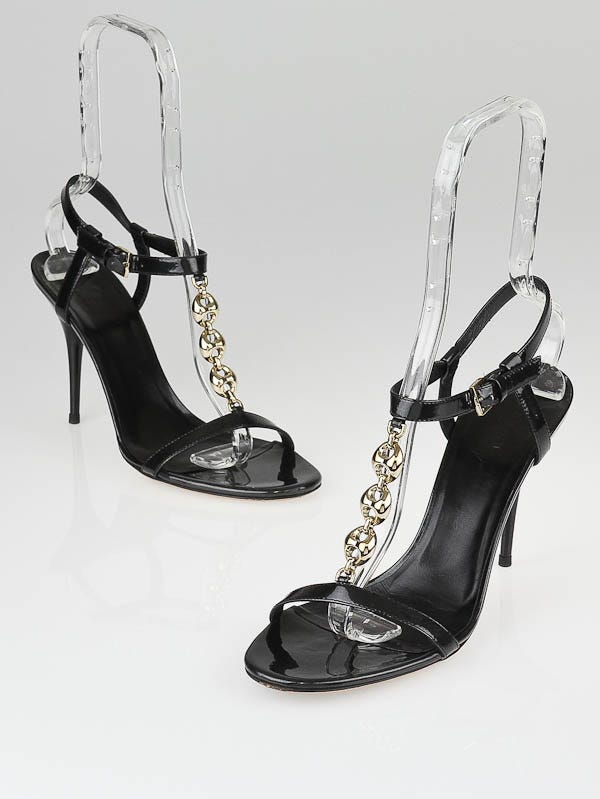 Gucci Black Metallic Patent Leather T Strap Sandals Size 9 39 5 Yoogi