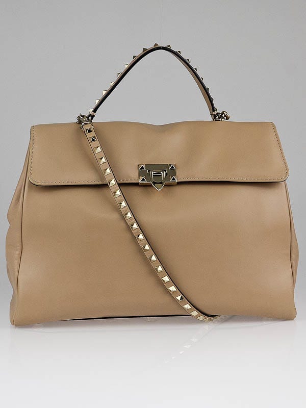 Valentino Beige Leather Rockstud Large Top Handle Bag | Yoogi's Closet