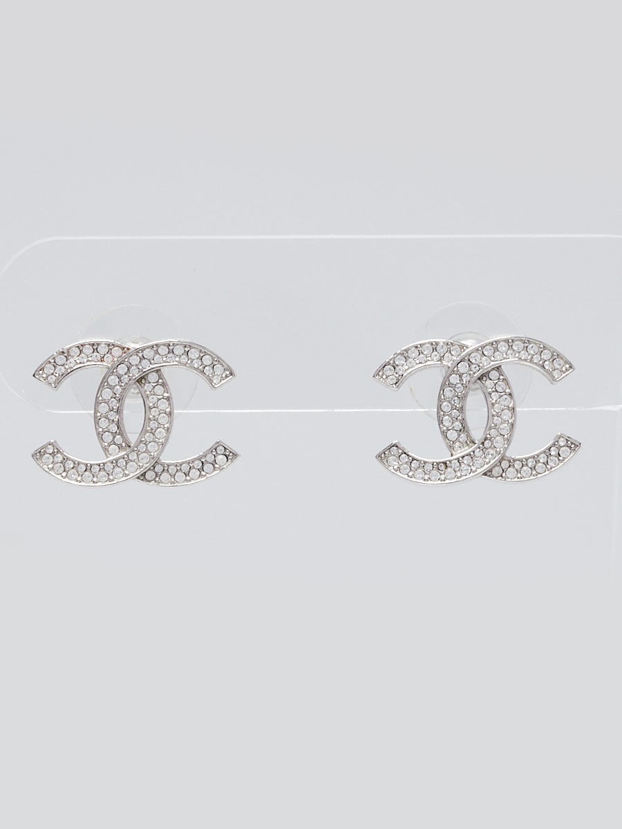 Chane Silver Metal and Crystal CC Stud Earrings | Yoogi's Closet