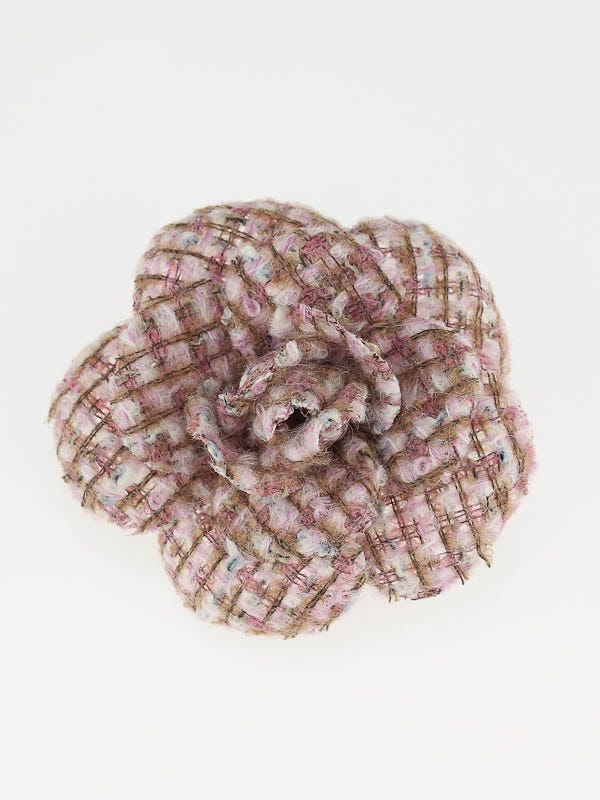 Chanel Pink Tweed Camellia Flower Pin | Yoogi's Closet