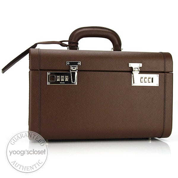 Prada Brown Saffiano Leather Cosmetic Train Case | Yoogi's Closet