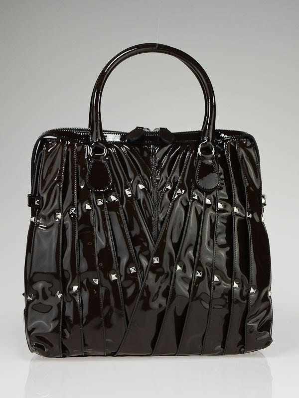 Valentino Dark Brown Patent Leather Maison Hard Tote Bag | Yoogi's Closet